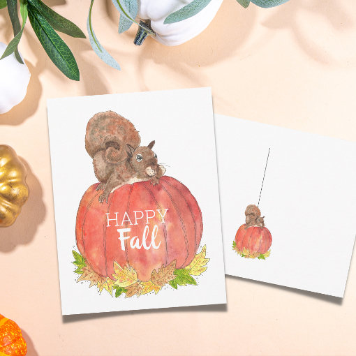 Happy Fall Squirrel on Pumpkin Postcard | Zazzle