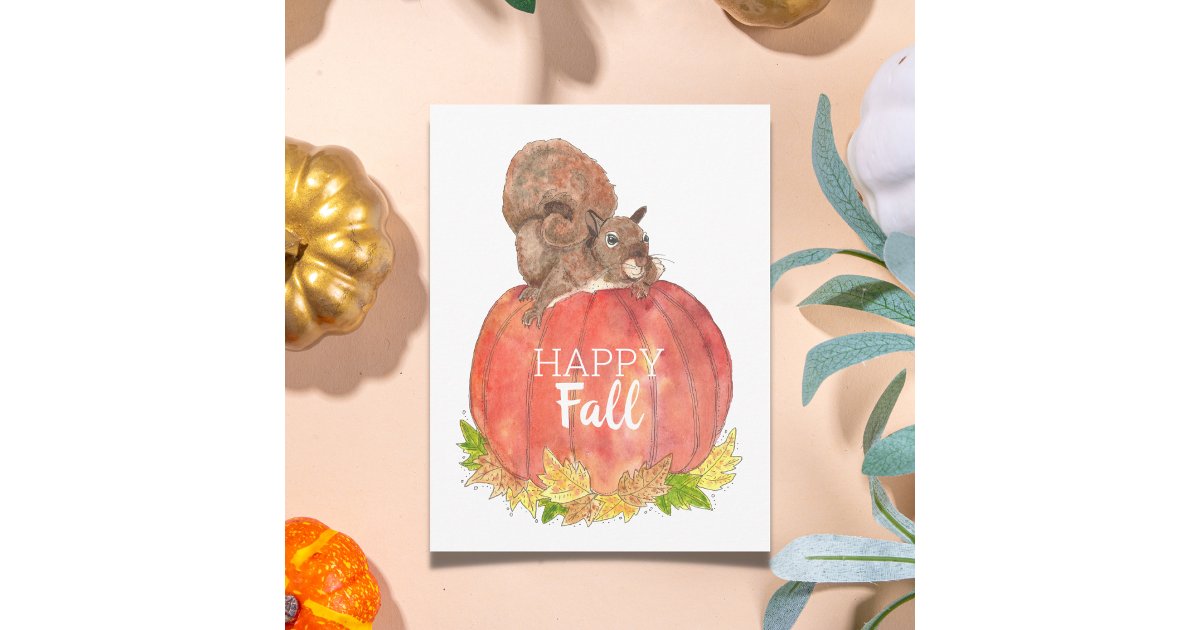 Happy Fall Squirrel on Pumpkin Postcard | Zazzle