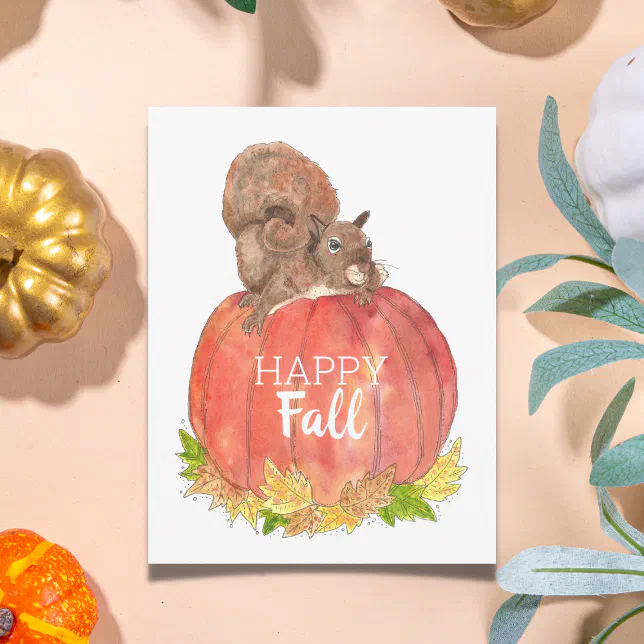Happy Fall Squirrel on Pumpkin Postcard | Zazzle