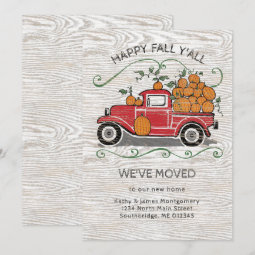 Happy Fall Y'All Vintage Red Truck Pumpkins Moving Announcement | Zazzle