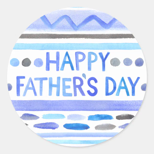 Happy Father's Day Blue Watercolor Stripes Classic Round Sticker | Zazzle