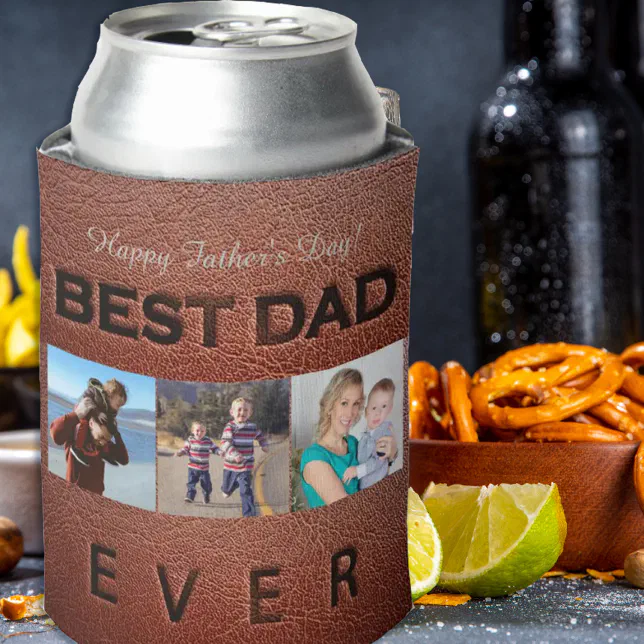 Happy Father's Day brown leather 3 photo collage Can Cooler | Zazzle