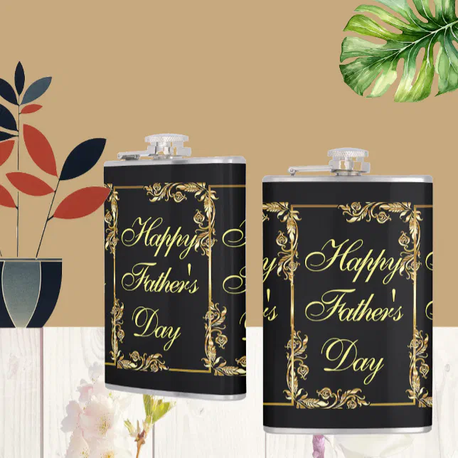 Happy Fathers Day Modern Calligraphy Leafy Swirls Flask | Zazzle