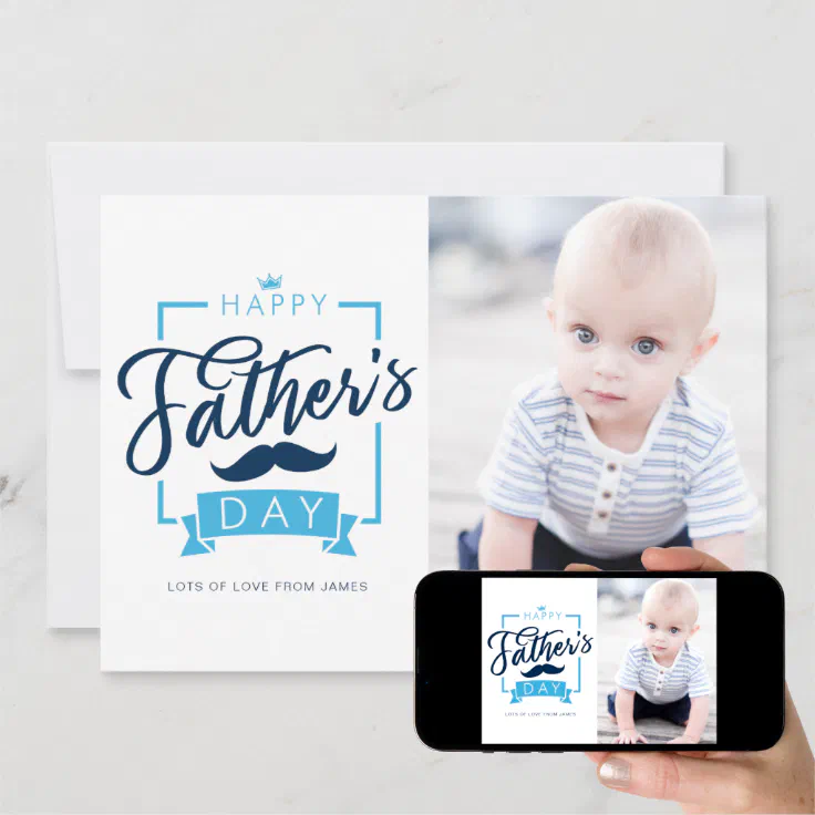 Happy Father's Day Typography Blue Photo Holiday Card | Zazzle