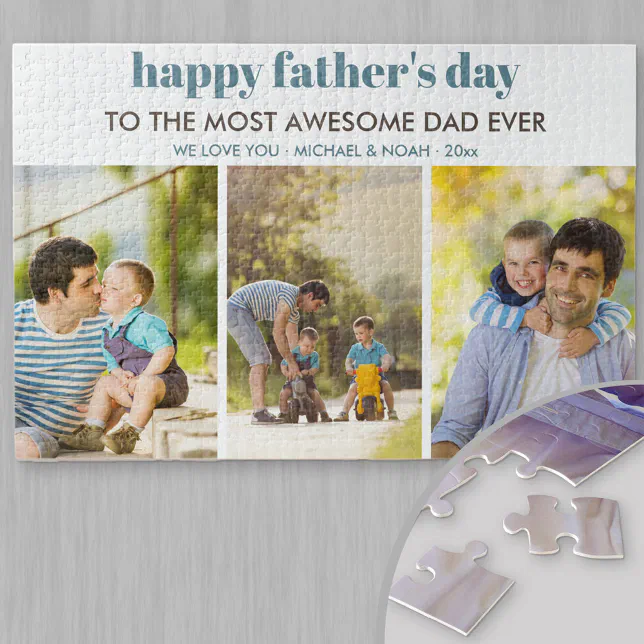 Happy Fathers Day Wishes and Custom 3 Photo Strip Jigsaw Puzzle | Zazzle