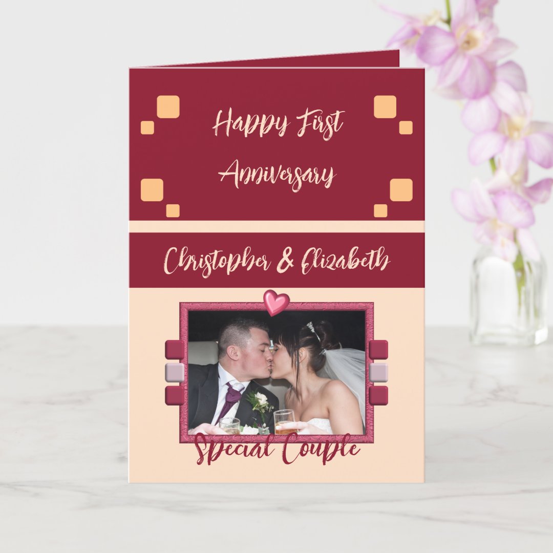 Happy First Anniversary add photo burgundy coral Card | Zazzle