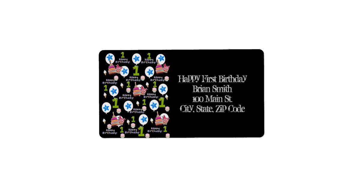 Happy First Birthday Address Labels, Black Label | Zazzle