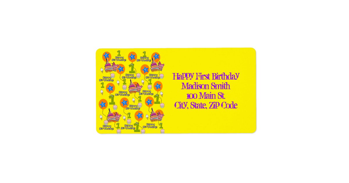 Happy First Birthday Address Labels, Yellow Label | Zazzle