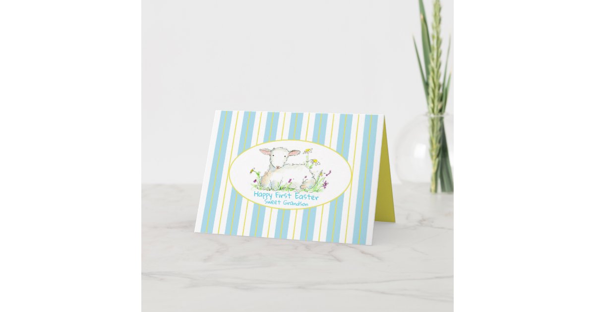 Happy First Easter Grandson Lamb Blue Card | Zazzle