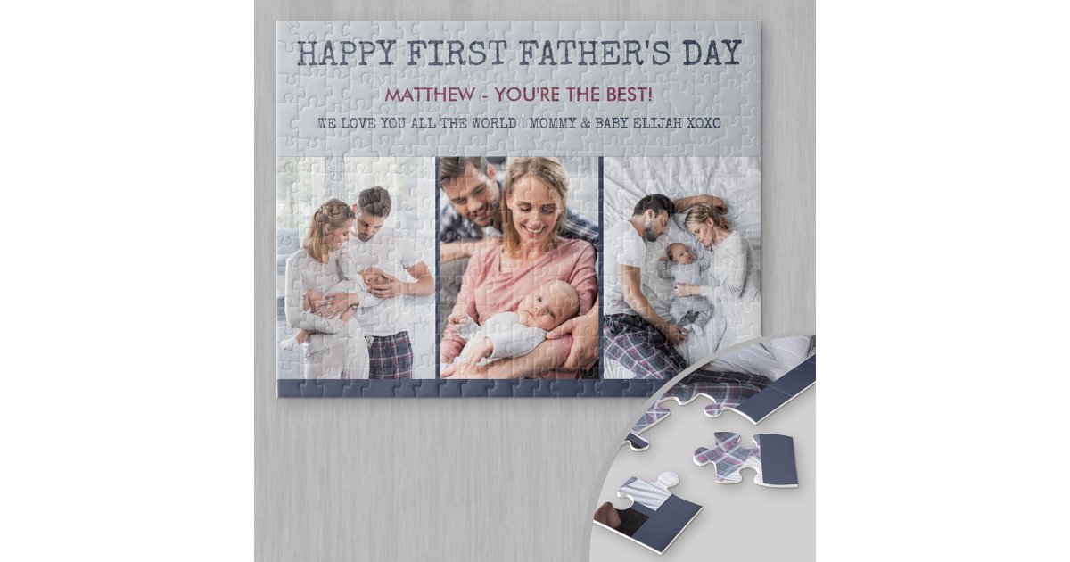 Happy First Fathers Day Custom Message and 3 Photo Jigsaw Puzzle | Zazzle