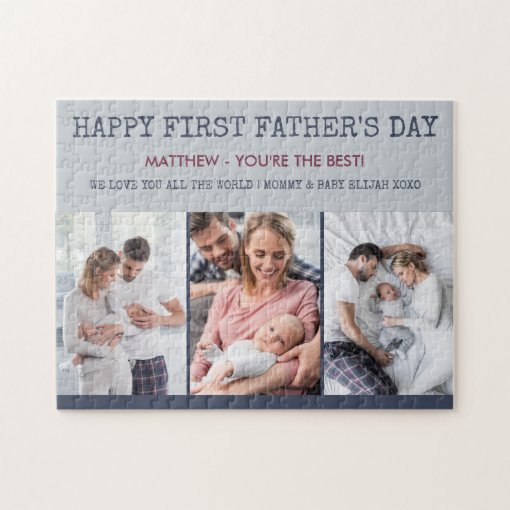 Happy First Fathers Day Custom Message and 3 Photo Jigsaw Puzzle | Zazzle