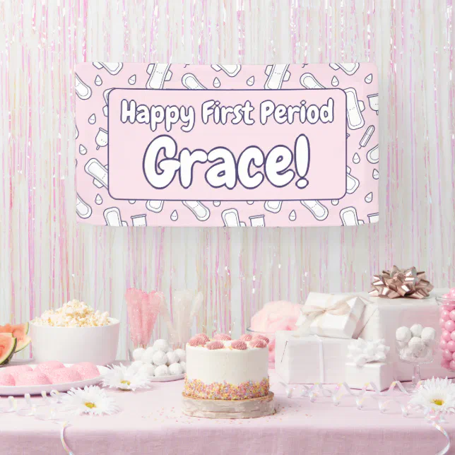 Happy First Period Name Pink Cute Tampon Pad Banner | Zazzle