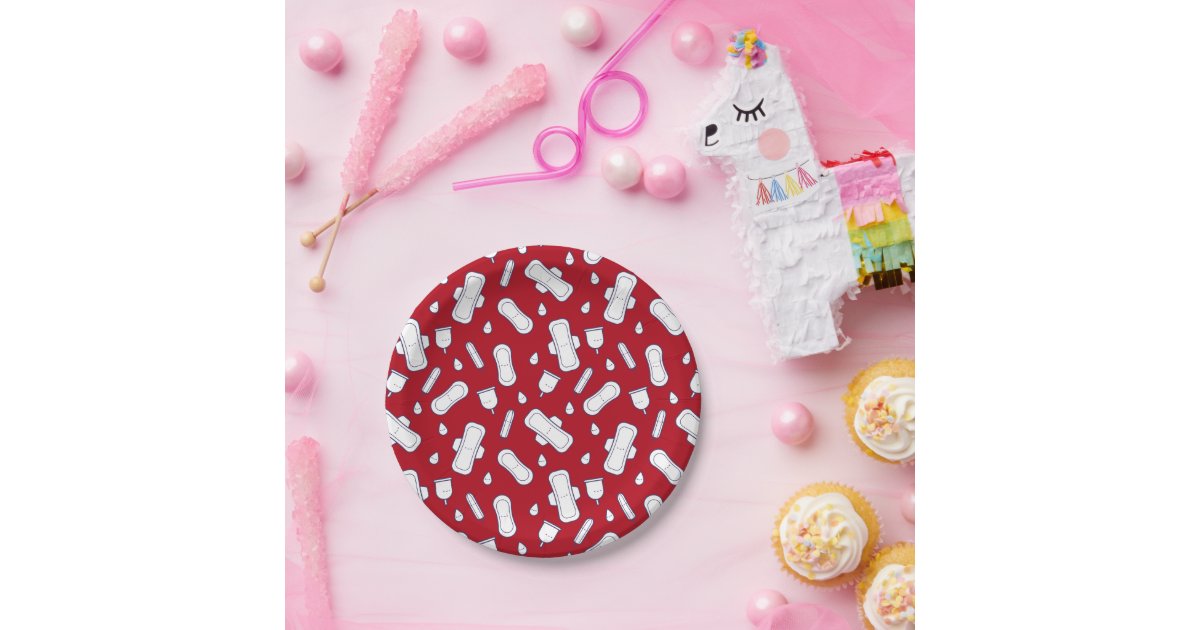 Happy First Period Party Red Tampon Pad Pattern Paper Plates | Zazzle