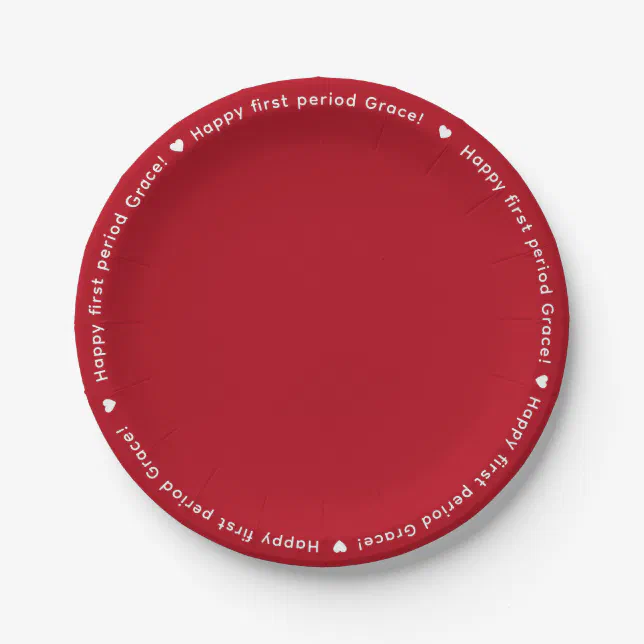 Happy First Period Party Red White Name Border Paper Plates | Zazzle