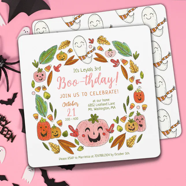 Happy Ghosts Pink Halloween Birthday Invitation | Zazzle