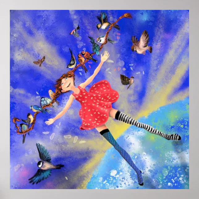Happy Girl with Birds Poster Happiness | Zazzle