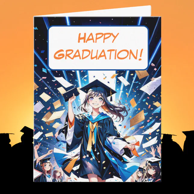 Happy Graduation Anime Girl In Cap And Gown Card | Zazzle