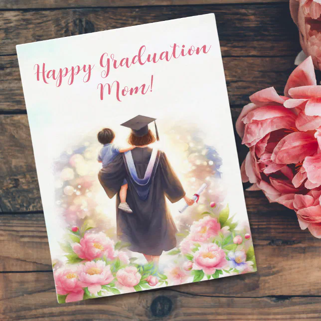 Happy Graduation Mom With Toddler And Peonies Card | Zazzle