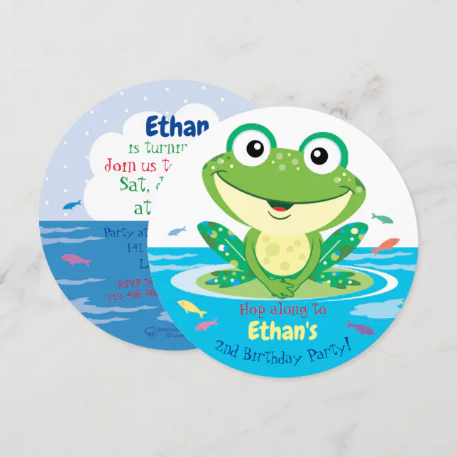 Happy Green Frog in Pond, 2nd Birthday Party Invitation | Zazzle
