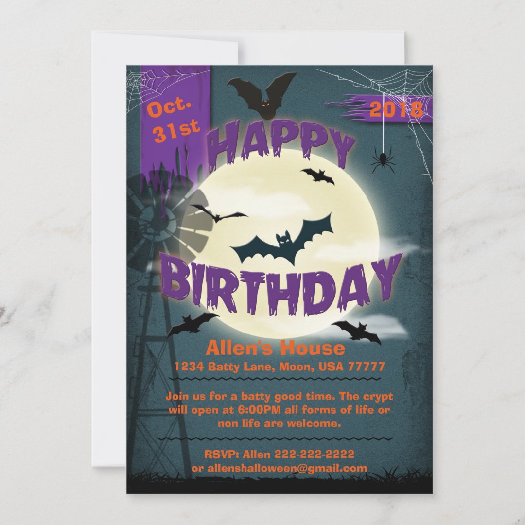 Happy Halloween Birthday Batty Moonlight Party 5x7 Invitation | Zazzle