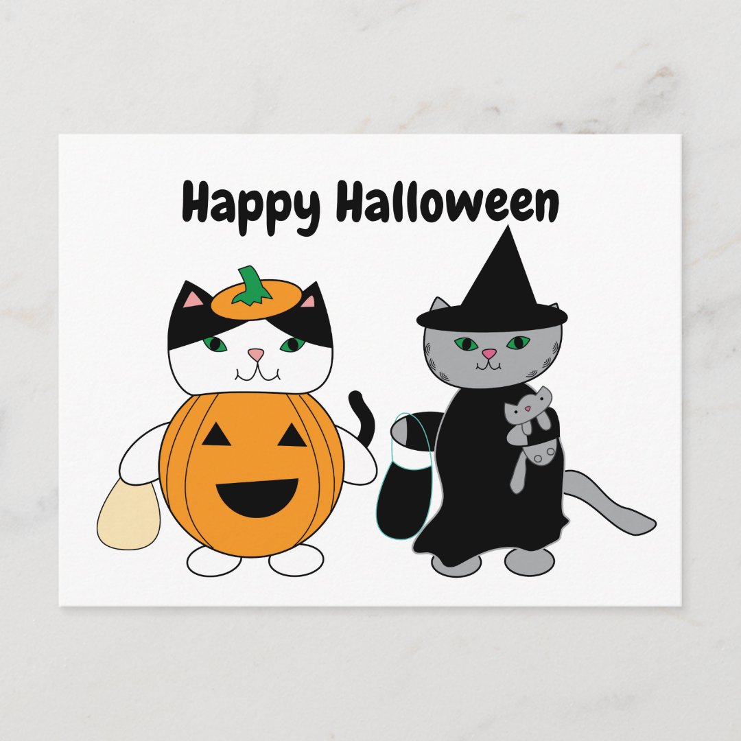 Happy Halloween Cats Pumpkin Witch Personalize Postcard | Zazzle