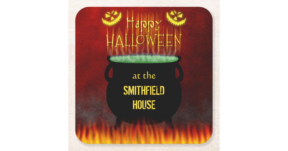 Happy Halloween Cauldron Fire Square Paper Coaster | Zazzle