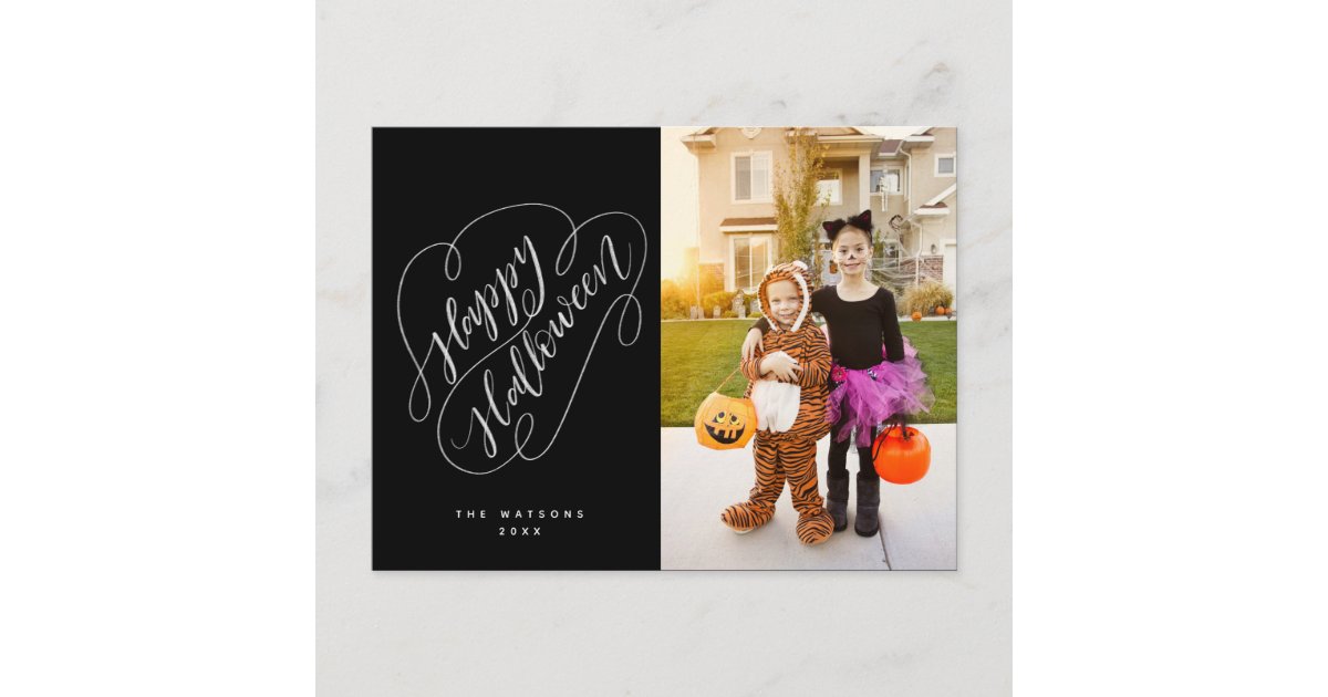 Happy Halloween Chic Handlettered Photo Black Postcard | Zazzle