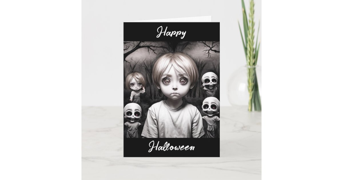 Happy Halloween | Creepy Child with Teddy Bear Card | Zazzle