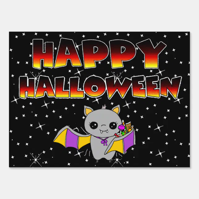 Happy Halloween Cute Bat on Starry Night Seasonal Sign | Zazzle