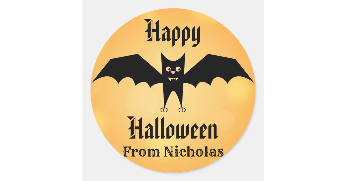 Happy Halloween Cute Black Bat Personalized Classic Round Sticker | Zazzle