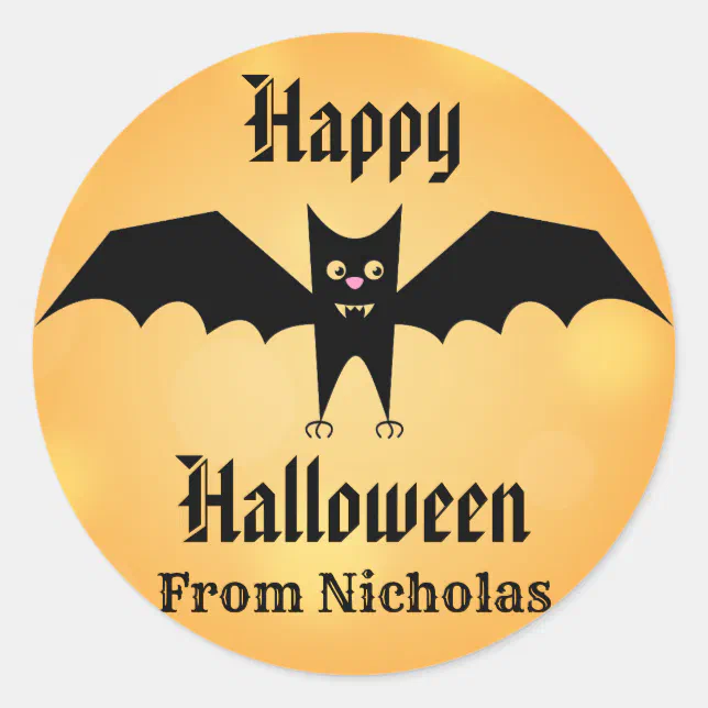 Happy Halloween Cute Black Bat Personalized Classic Round Sticker | Zazzle