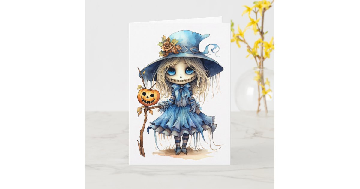 Happy Halloween | Cute Little Doll Witch Card | Zazzle