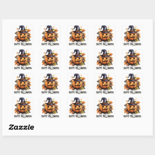 Happy Halloween Evil Grinning Pumpkin Art Square Sticker | Zazzle