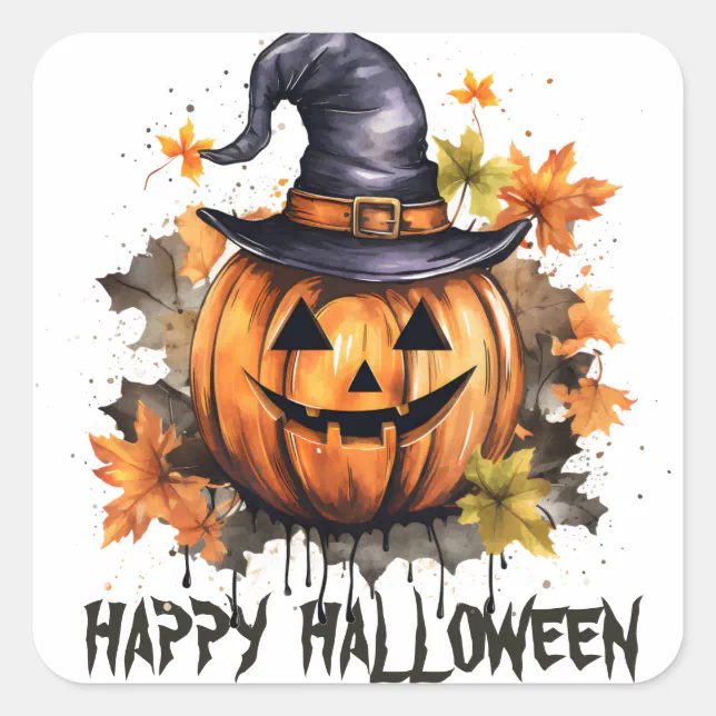 Happy Halloween Evil Grinning Pumpkin Art Square Sticker | Zazzle