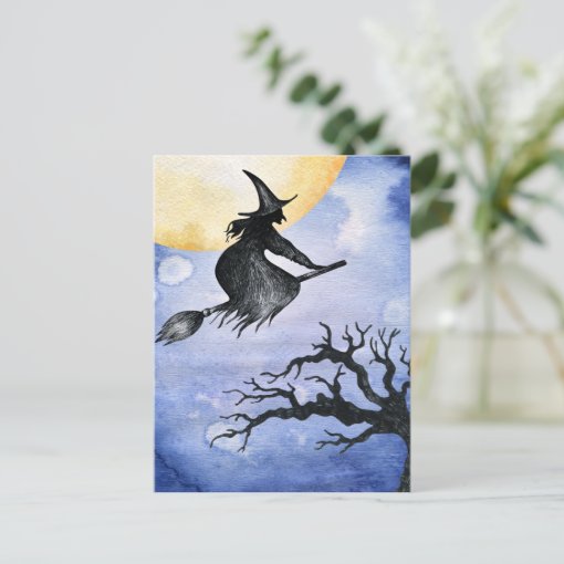 Happy Halloween Flying WItch Greeting Postcard | Zazzle