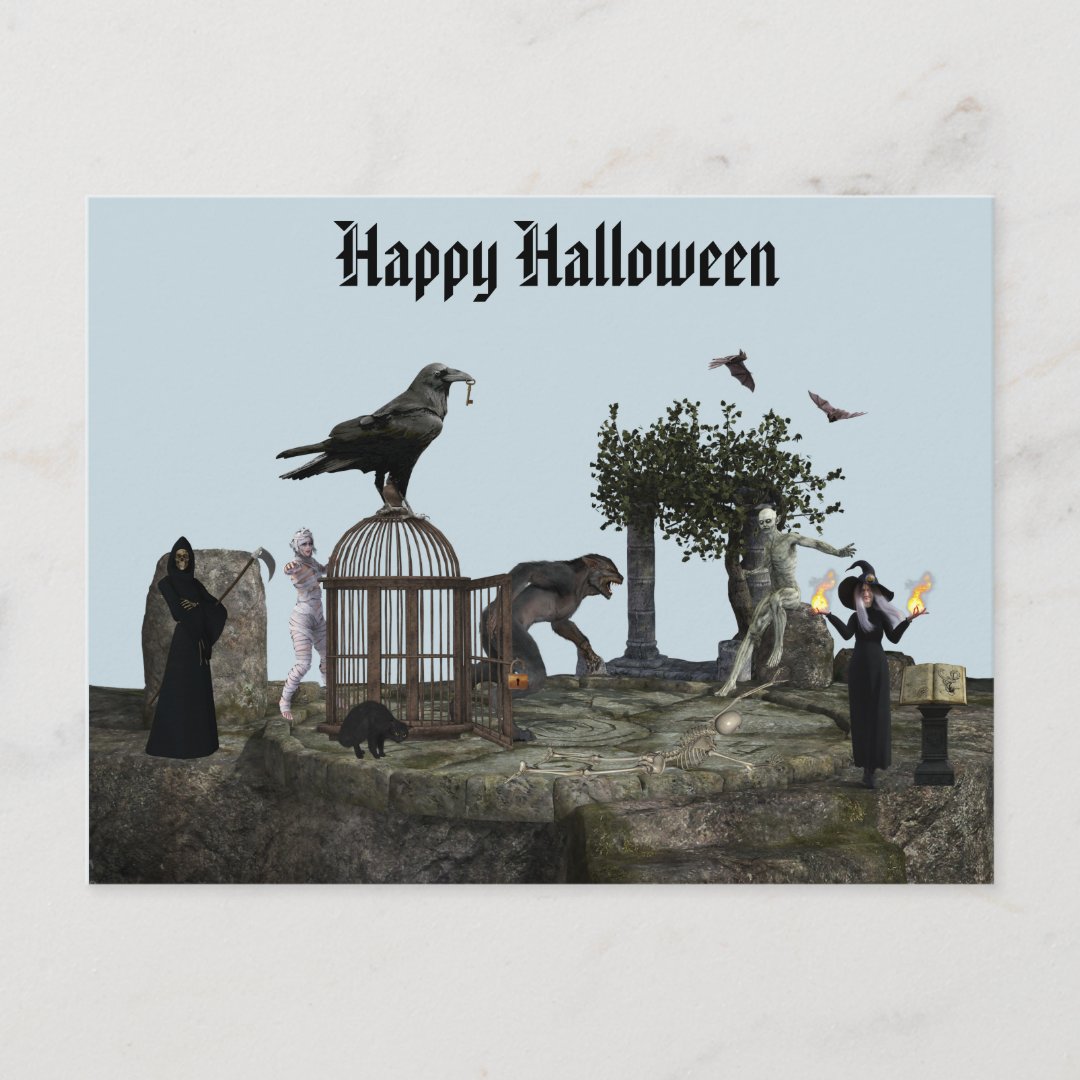 Happy Halloween Monster Scene Werewolf Zombie Postcard | Zazzle