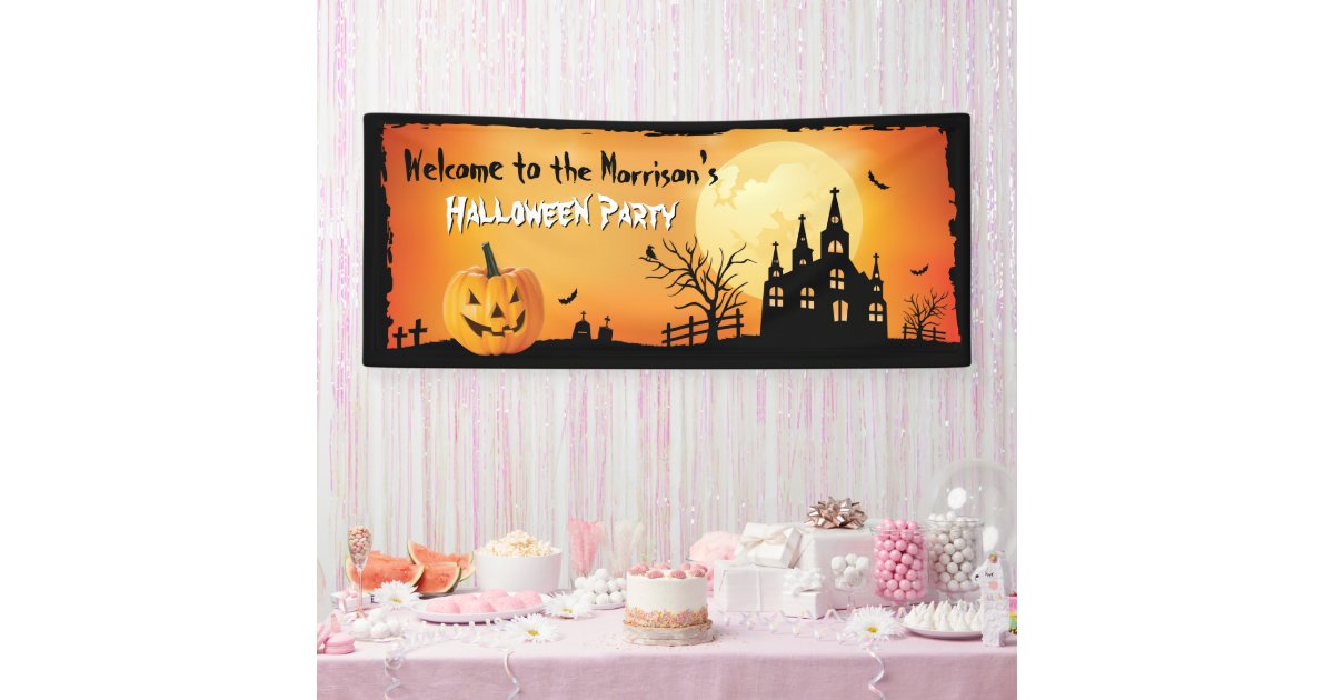 Happy Halloween Party Pumpkin Haunted House Banner | Zazzle