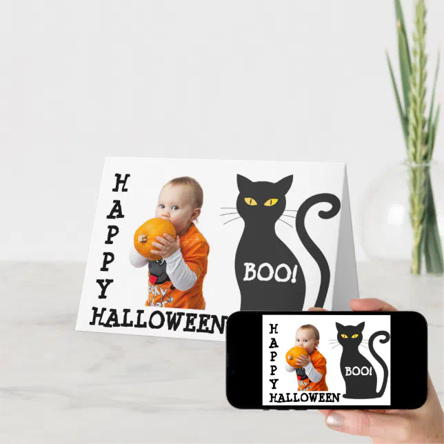 Happy Halloween Personalized Photo Black Cat Card | Zazzle