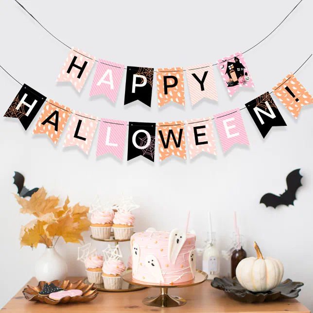 Happy Halloween Pink Orange Black Haunted House Bunting Flags | Zazzle