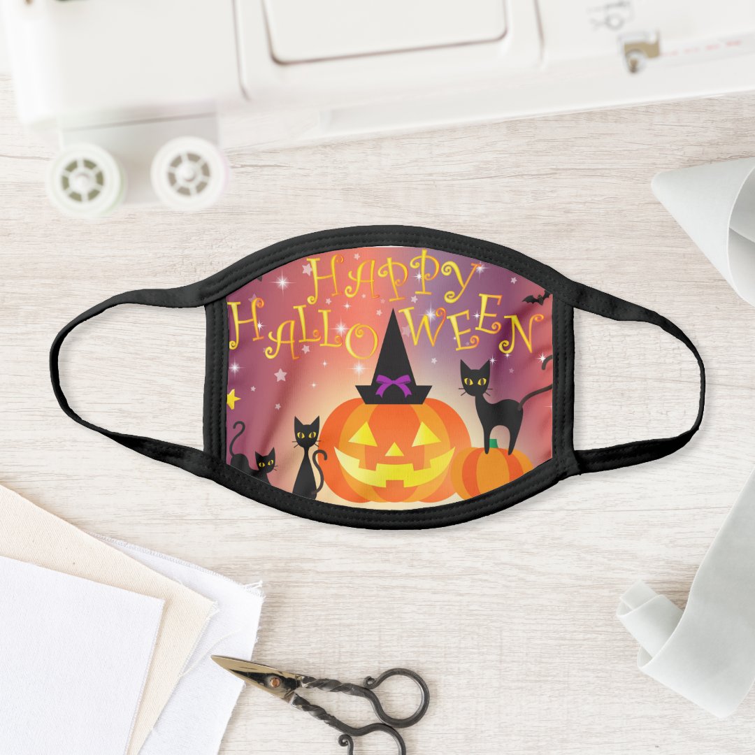 Happy Halloween Pumpkin and Black Cats Face Mask | Zazzle