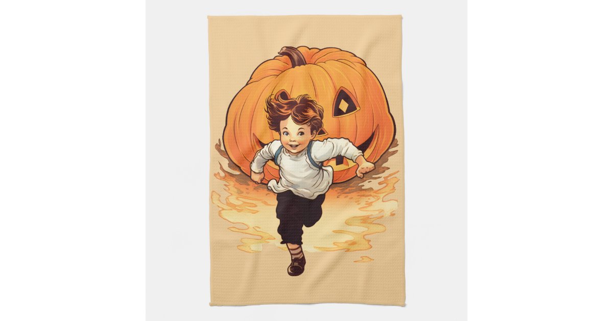 Happy Halloween Pumpkin Chasing Young Boy Kitchen Towel | Zazzle