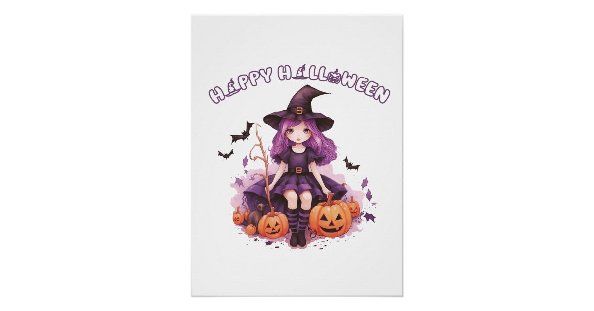 Happy Halloween Purple Witch Pumpkins & Bats Poster | Zazzle