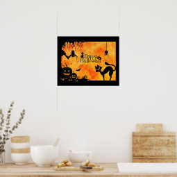 Happy Halloween Silhouette Black Cat and Friends Poster | Zazzle