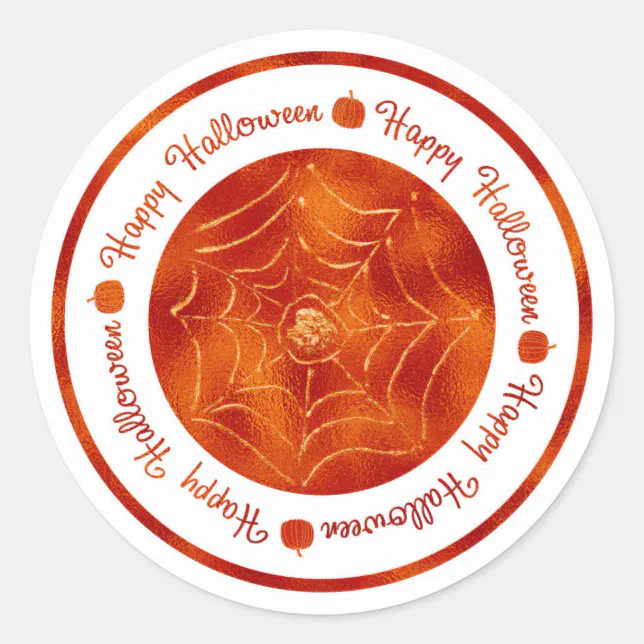 Happy Halloween Spider Web Orange Shine Party Classic Round Sticker ...