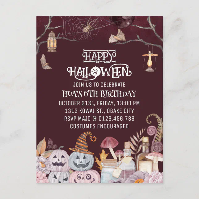 Happy Halloween Spooky Birthday Party Invitation Postcard | Zazzle