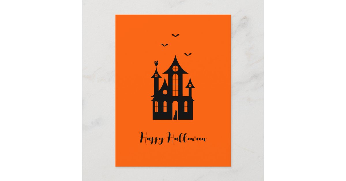Happy Halloween Spooky Haunted House Orange Black Postcard | Zazzle