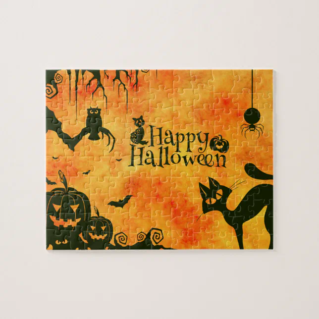 Happy Halloween Witches Cats Spiders Owls Pumpkins Jigsaw Puzzle | Zazzle