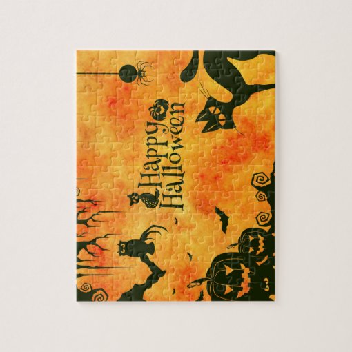 Happy Halloween Witches Cats Spiders Owls Pumpkins Jigsaw Puzzle | Zazzle