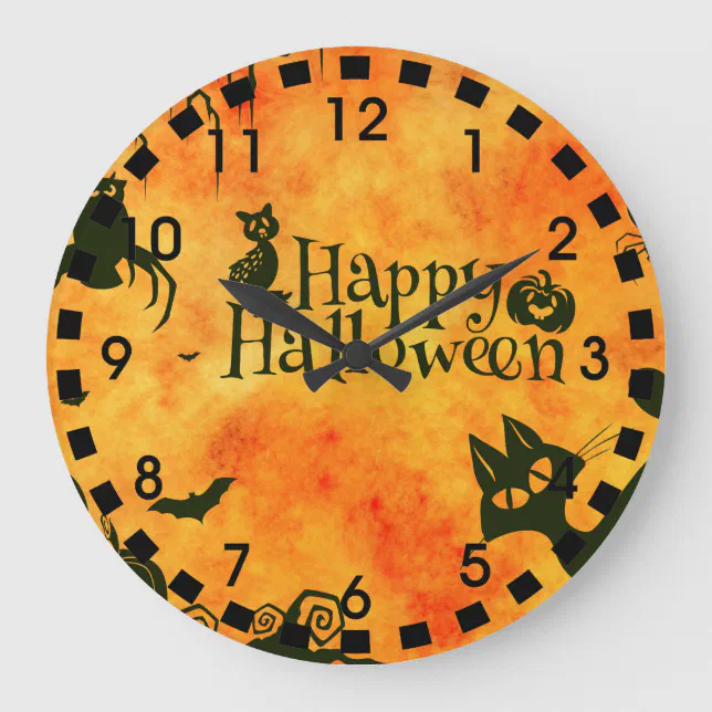 Happy Halloween Witches Cats Spiders Owls Pumpkins Large Clock | Zazzle