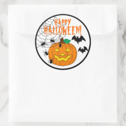 Happy Halloween With Pumpkin Spiders and Bats Classic Round Sticker ...